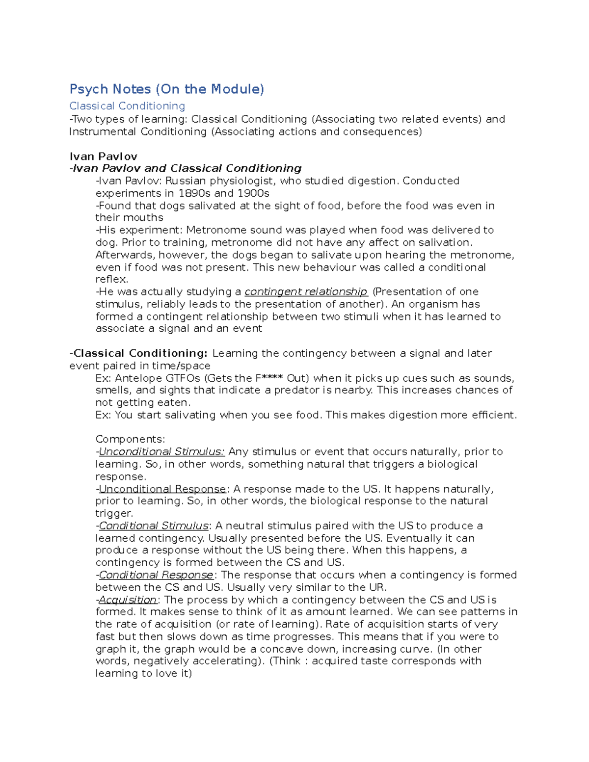 Psych. notes-1 - Psych Notes (On the Module) Classical Conditioning ...