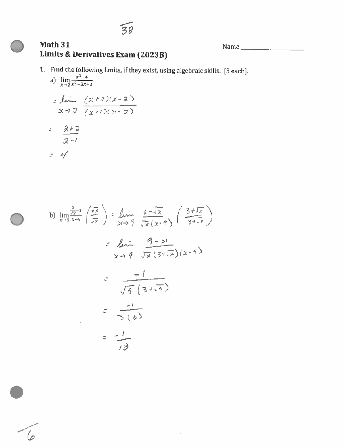 2023 Limits and Derivatives Key - Studocu