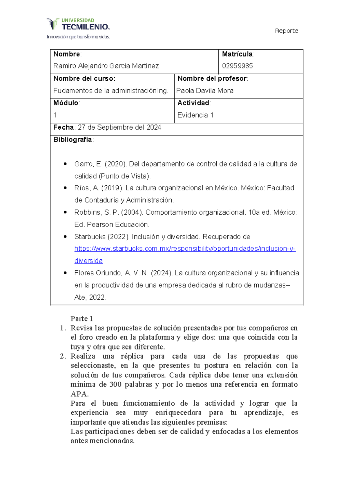Evidencia 1 - Nombre: Ramiro Alejandro Garcia Martinez Matrícula ...