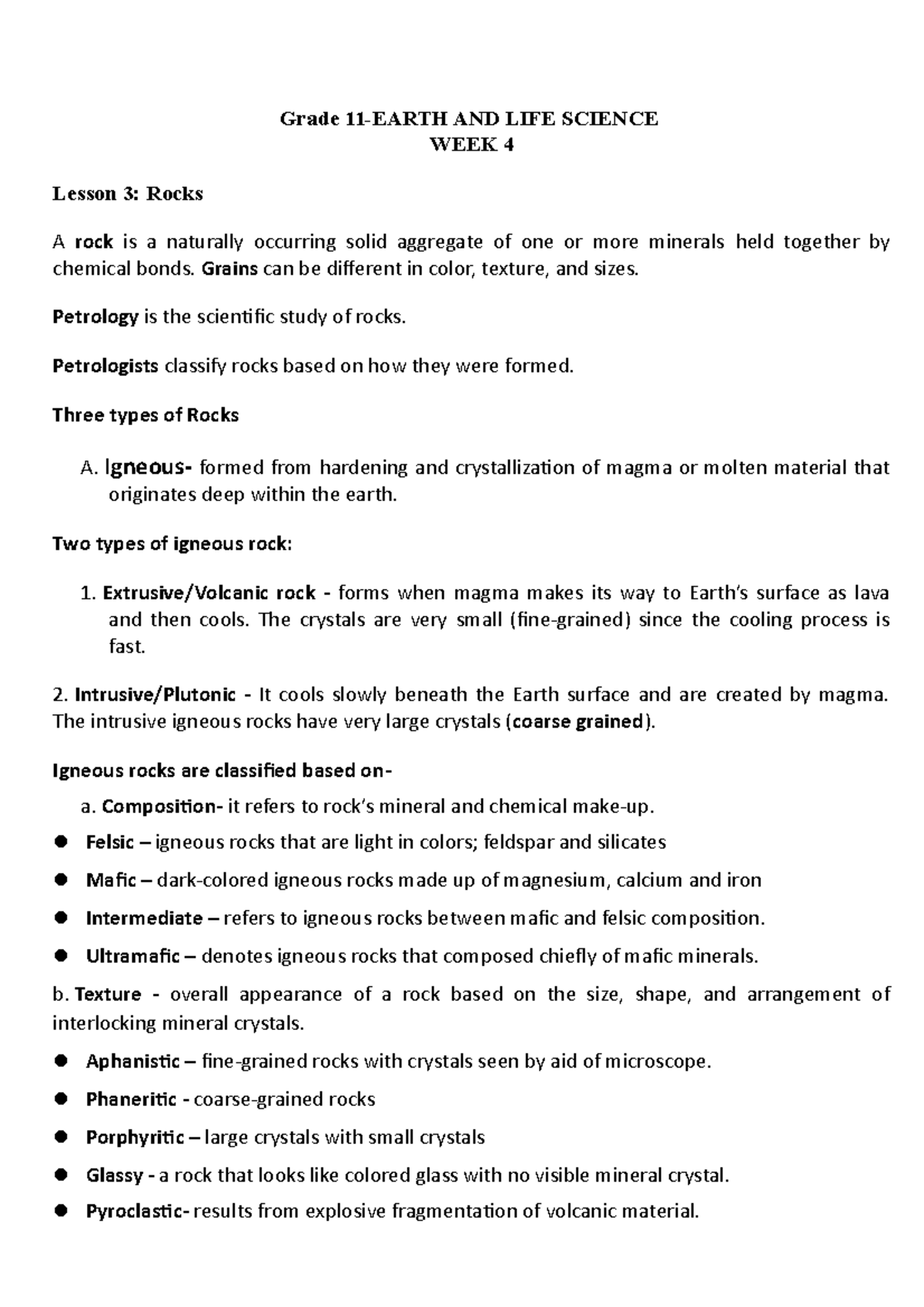 Material-WEEK4-LESSON 3: Rocks; IGNEOUS ROCKS, METAMORPHIC ROCK, AND ...