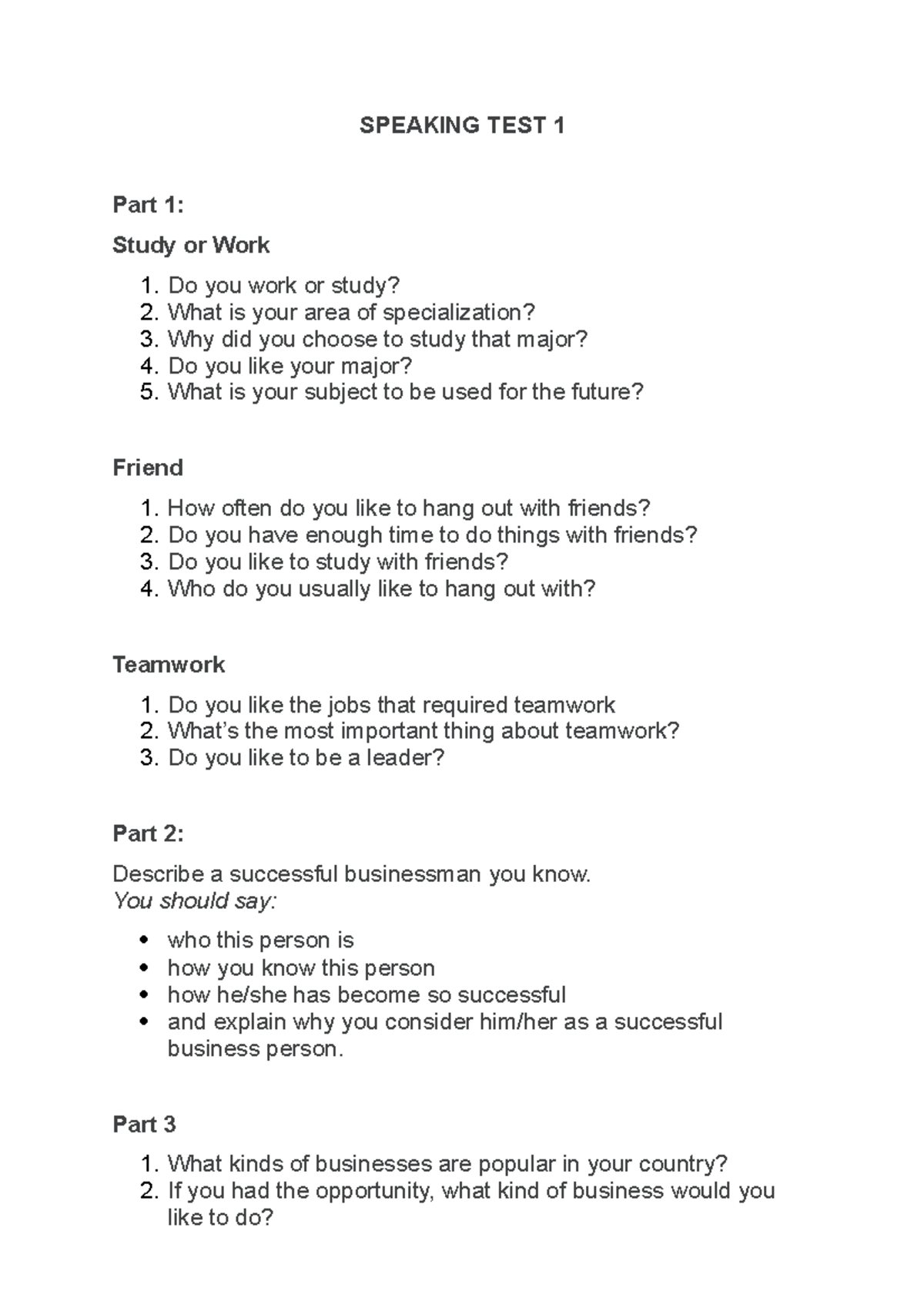 Speaking Test- Ielts-LVC - Part 1: Study or Work Do you work or study ...