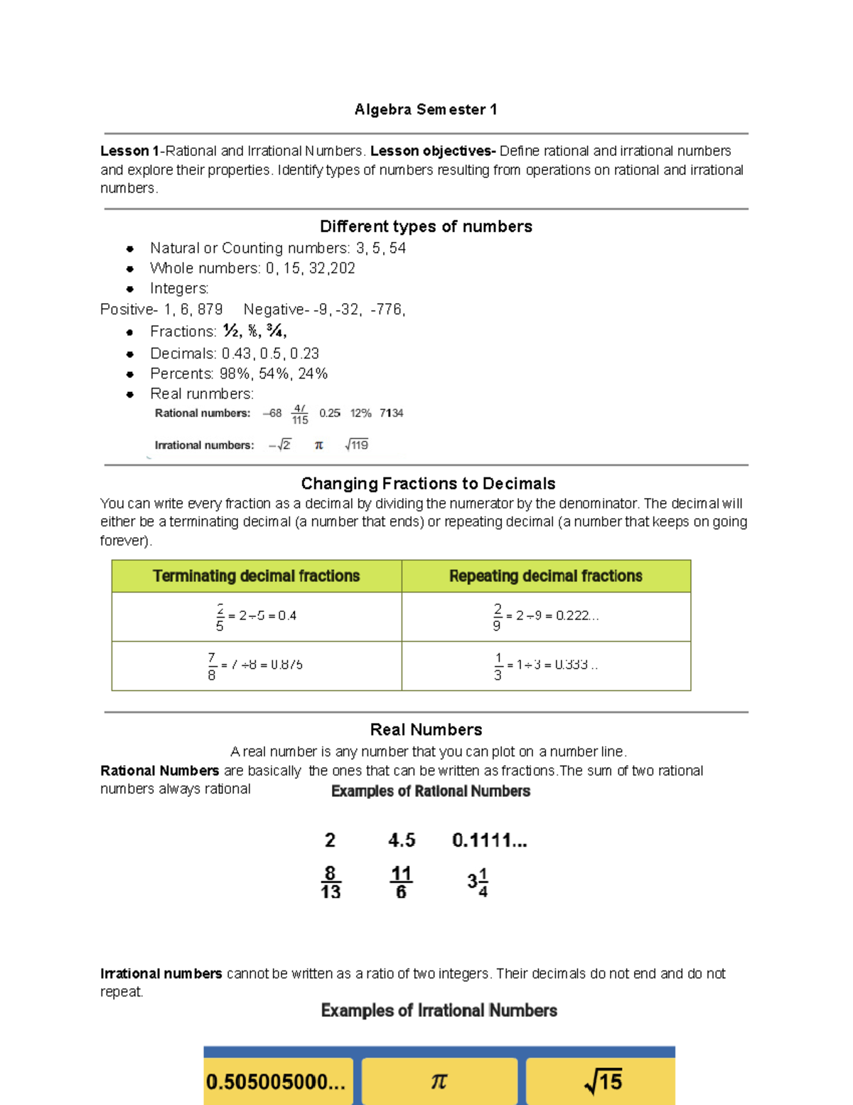Math notes - Algebra Semester 1 Lesson 1-Rational and Irrational ...