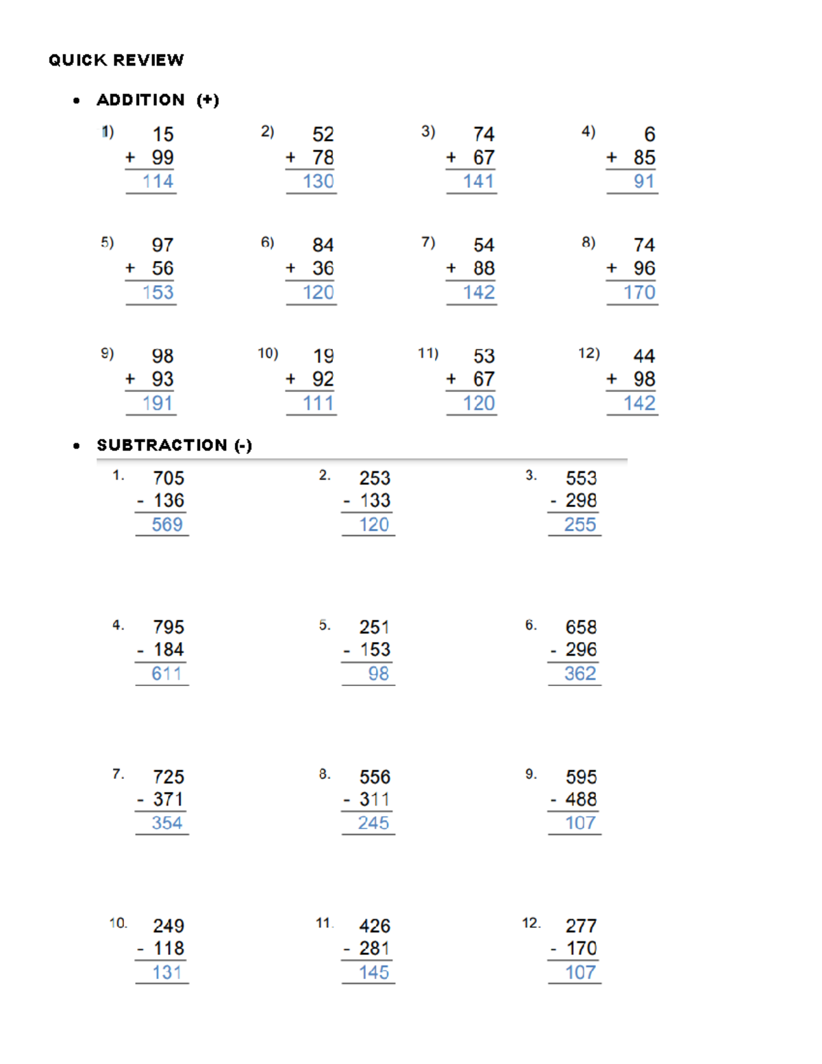 Reviewer (MATH) - Philosophy - QUICK REVIEW ADDITION (+) SUBTRACTION ...