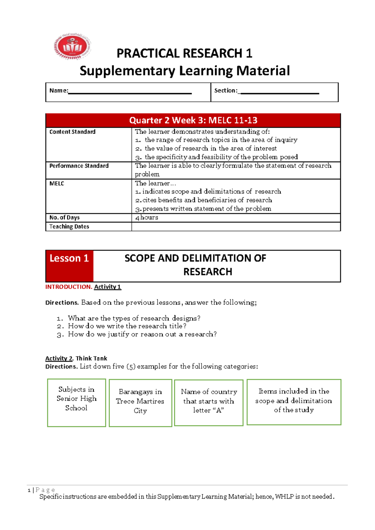 PR1 Q1 WEEK 4 - Lecture notes 1-5 - 1 | P a g e PRACTICAL RESEARCH 1 ...