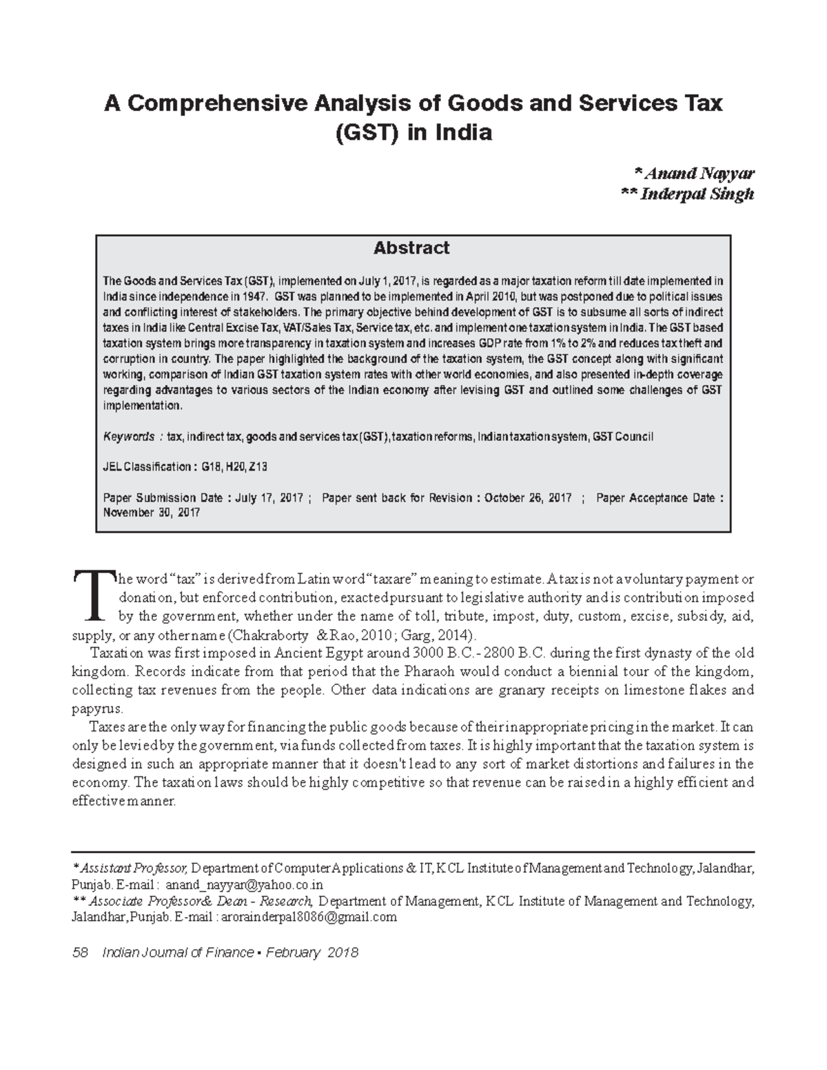 Objectives - Abstract The Goods and Services Tax (GST), implemented on ...