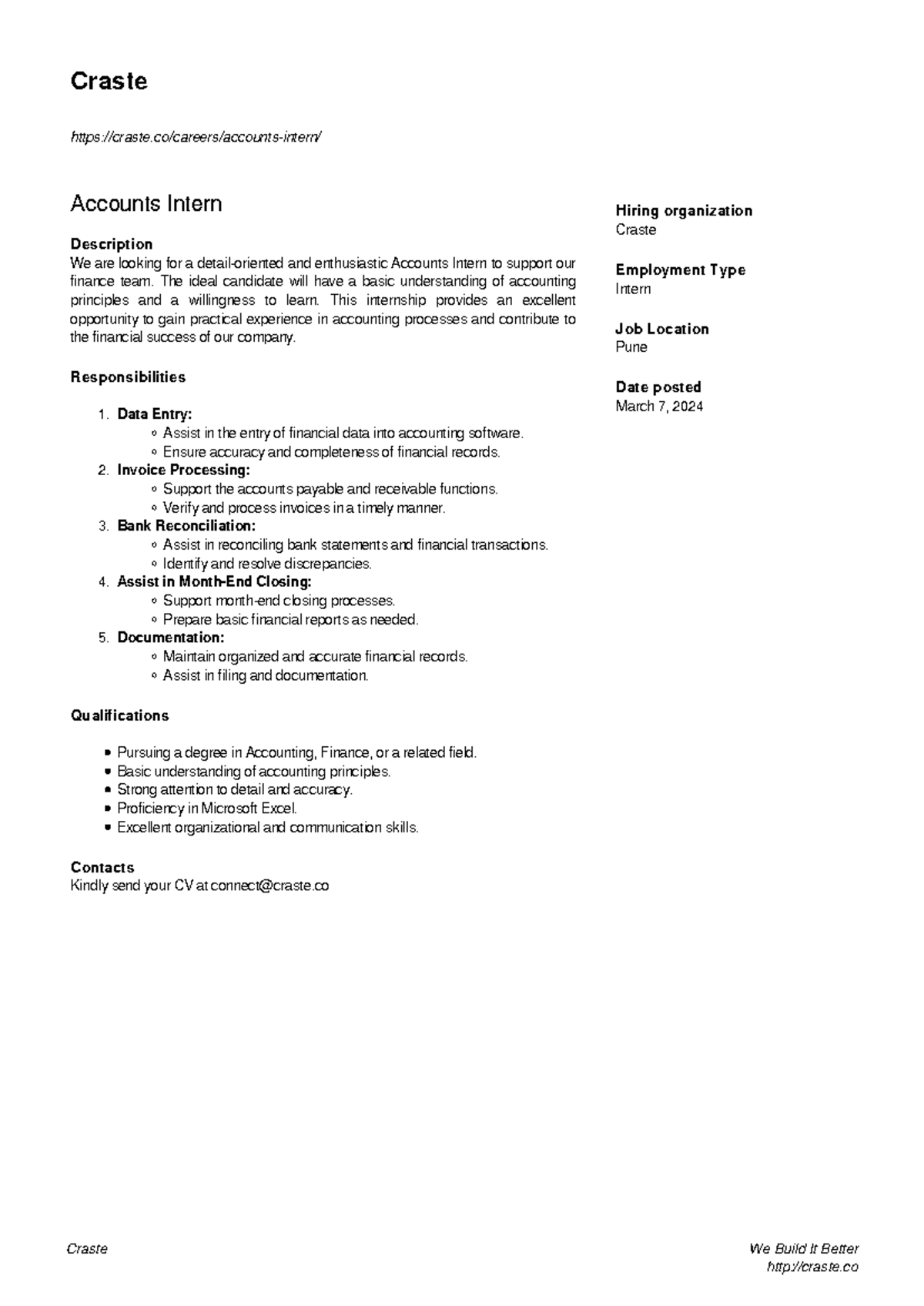 Craste accounts intern march 7 2024 - Craste craste/careers/accounts ...