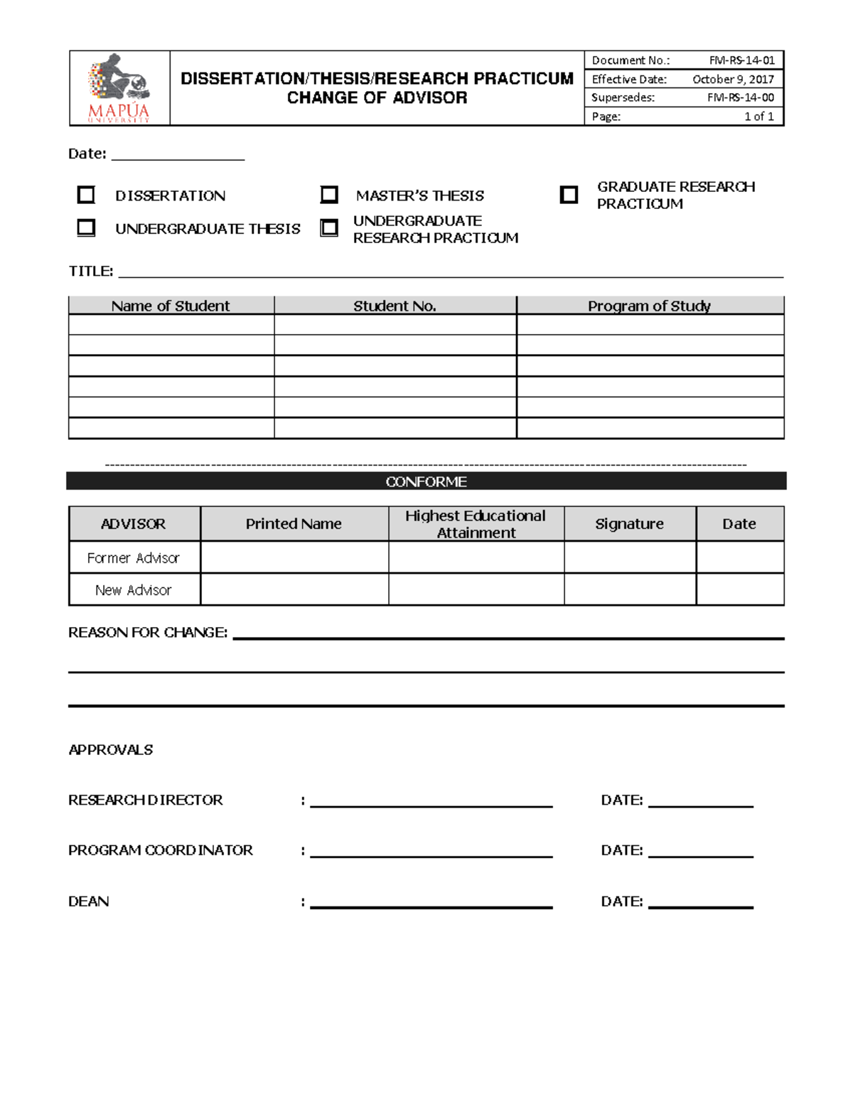 Change of adviser form - yes - DISSERTATION/THESIS/RESEARCH PRACTICUM ...
