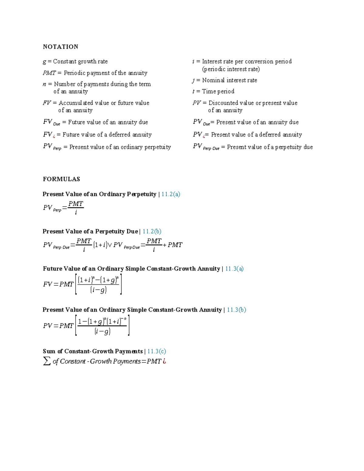 Ch - nothing usvh - NOTATION g = Constant growth rate PMT = Periodic ...