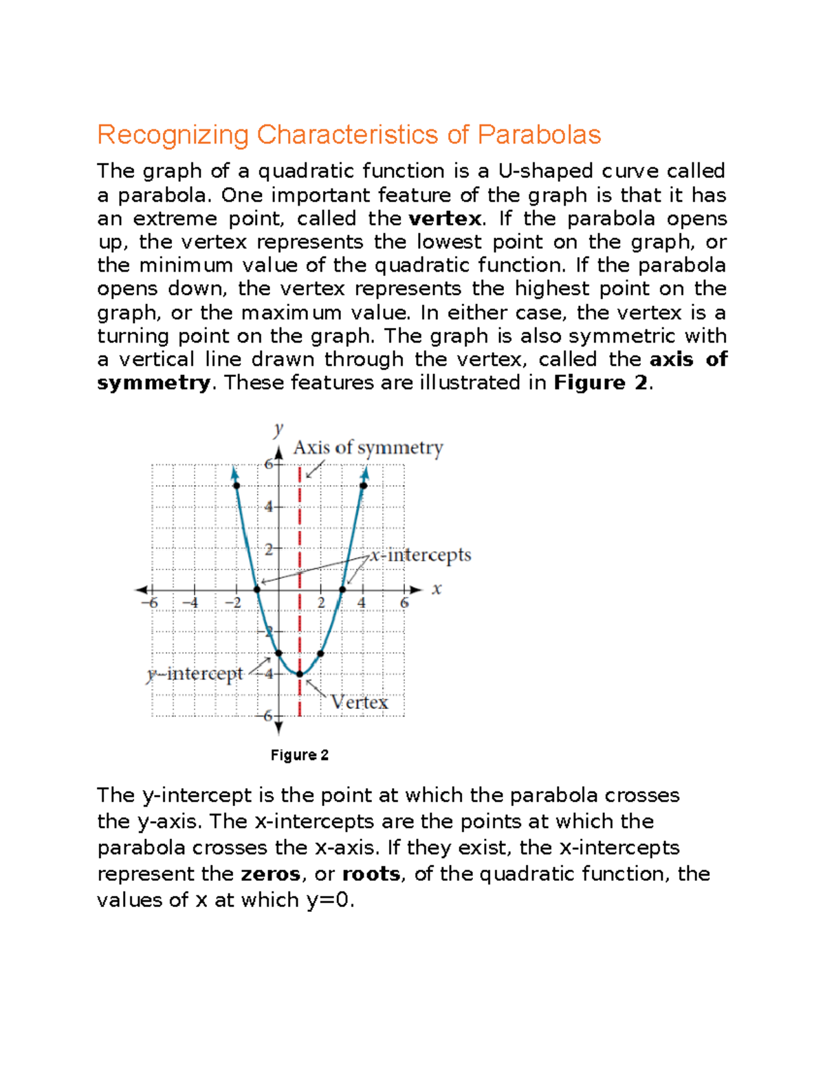 Recognizing Characteristics of Parabolas - One important feature of the ...