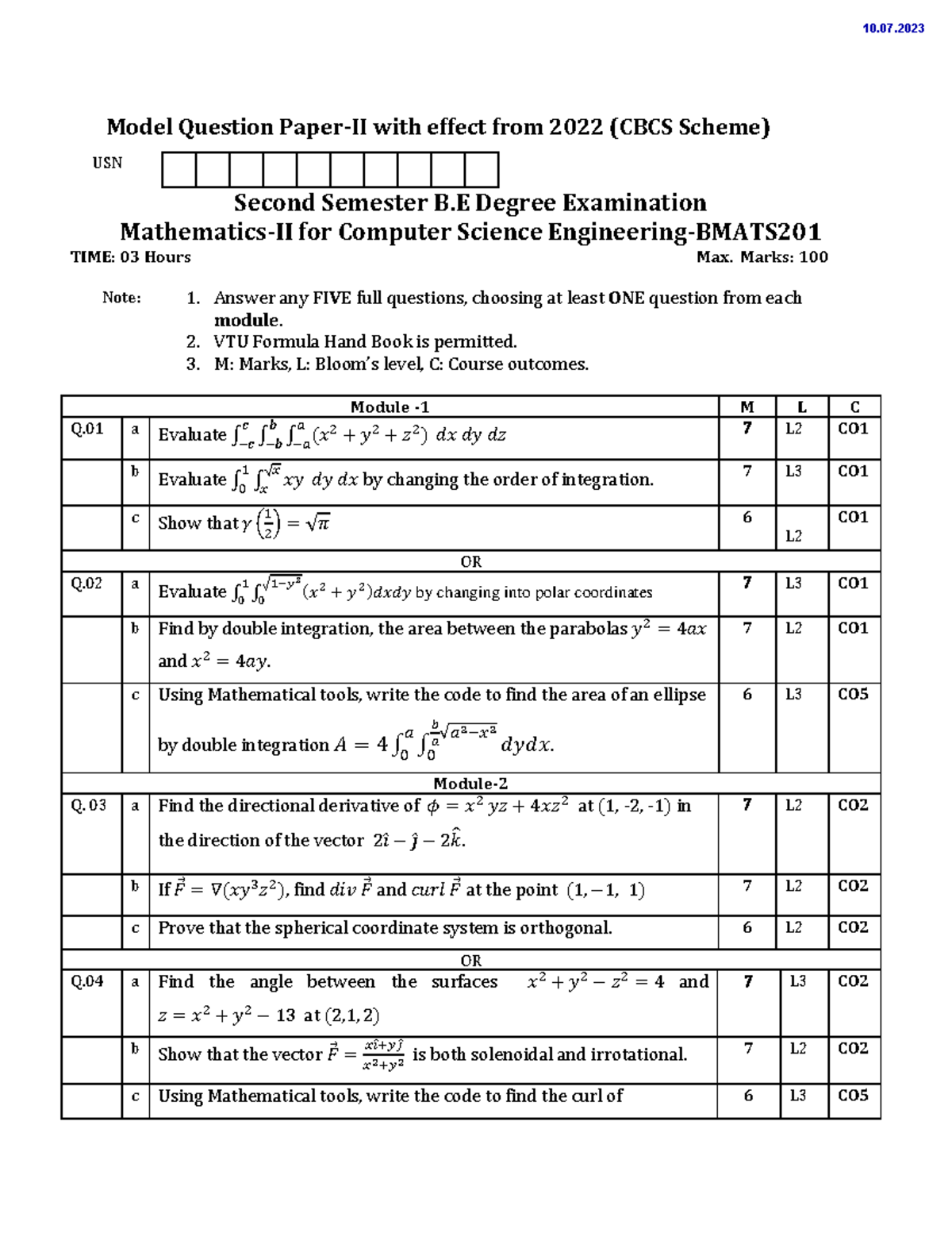 Bmats 201 - Model Question Paper-II with effect from 2022 (CBCS Scheme ...