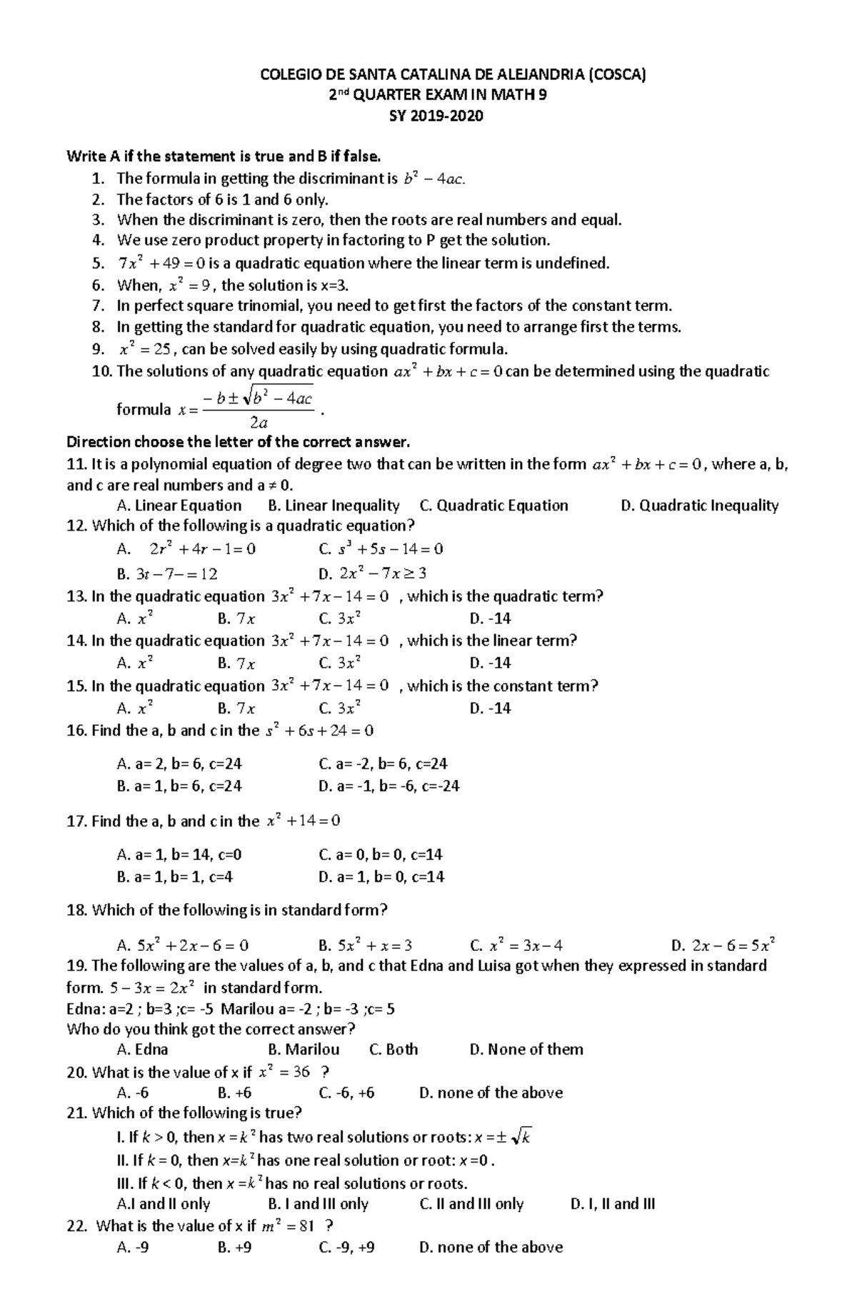 Magic math reviewer - COLEGIO DE SANTA CATALINA DE ALEJANDRIA (COSCA) 2 ...