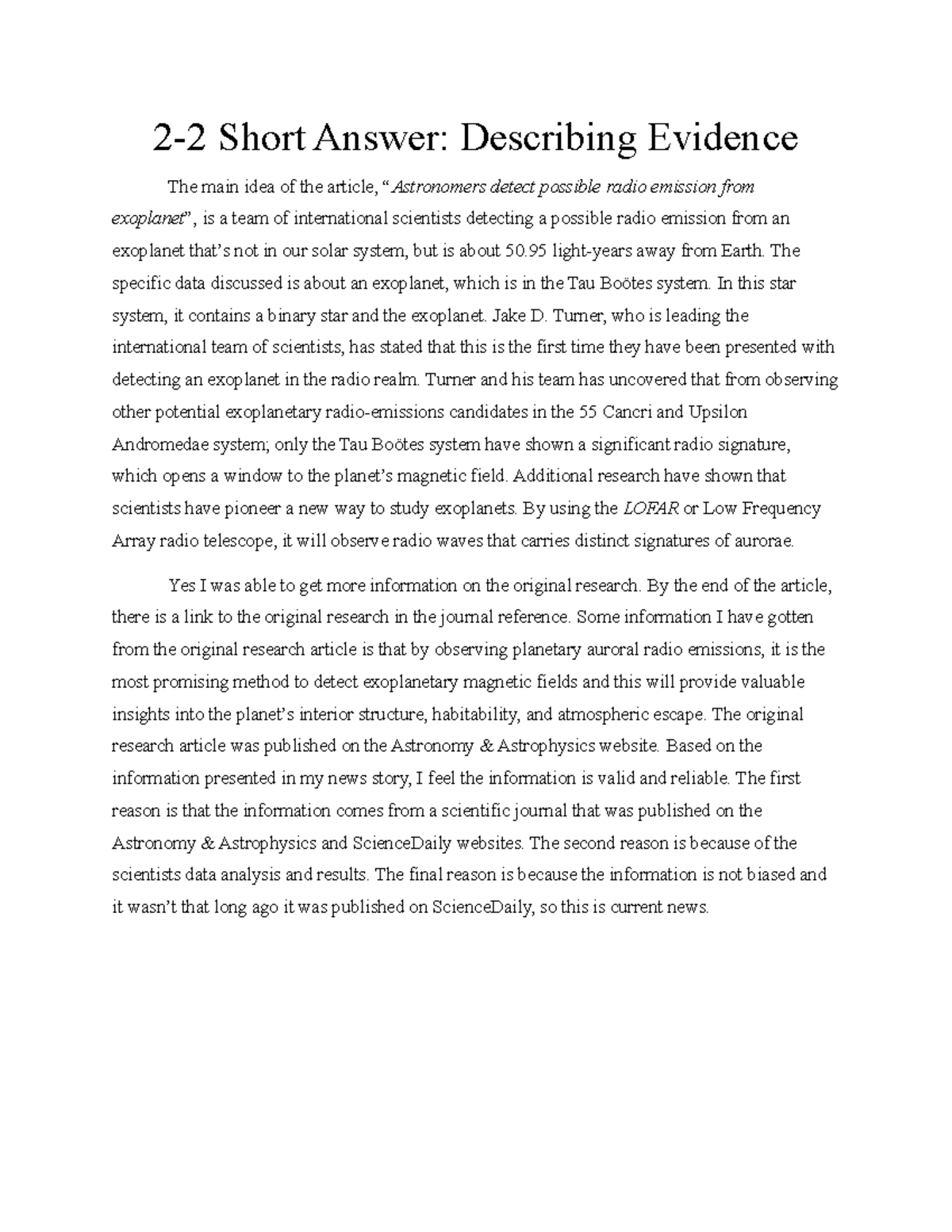 2-2 Short Answer Describing Evidence - The specific data discussed is ...