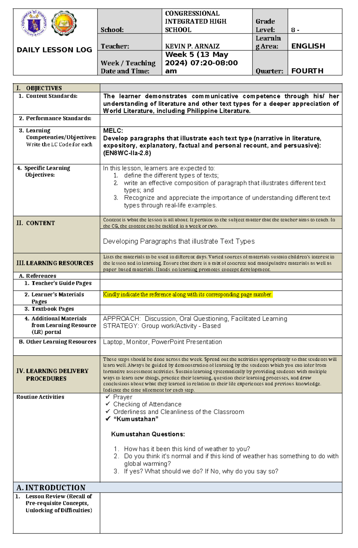 Lesson Plan_Exemplar Grade 8 4th Quarter - DAILY LESSON LOG School ...