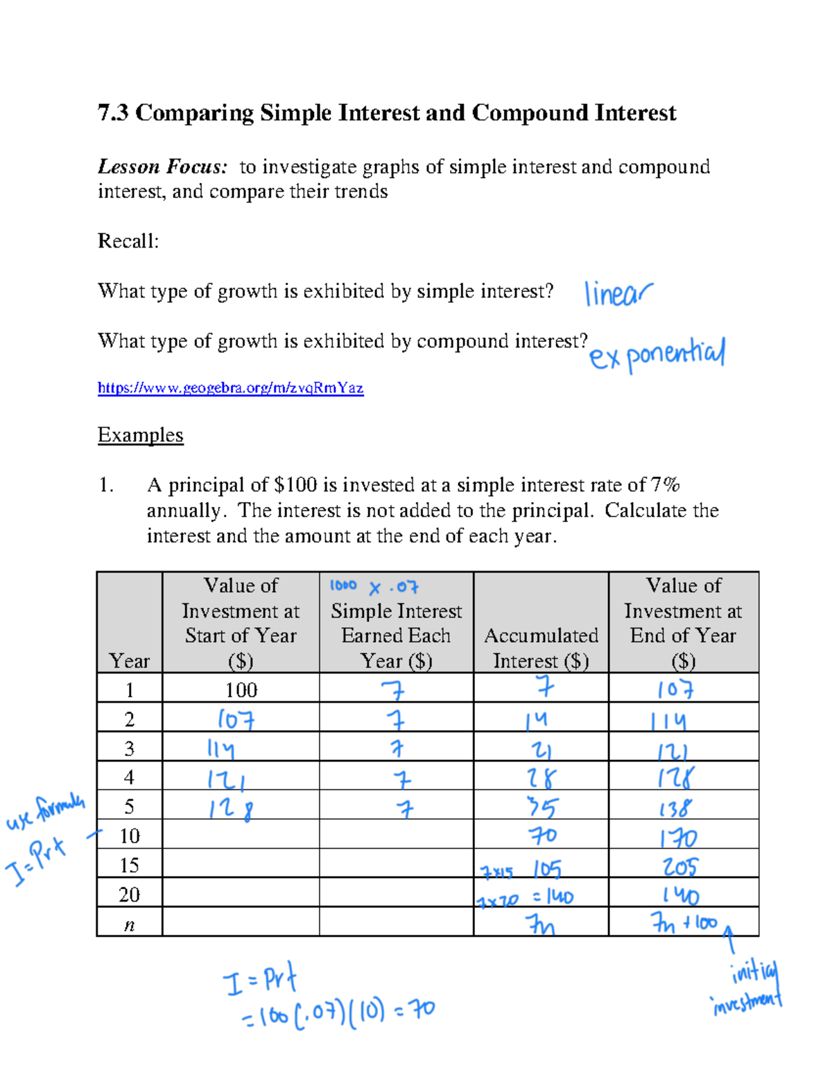 7.3 Comparing Simple Interest and Compound Interest - 7. 3 Comparing ...