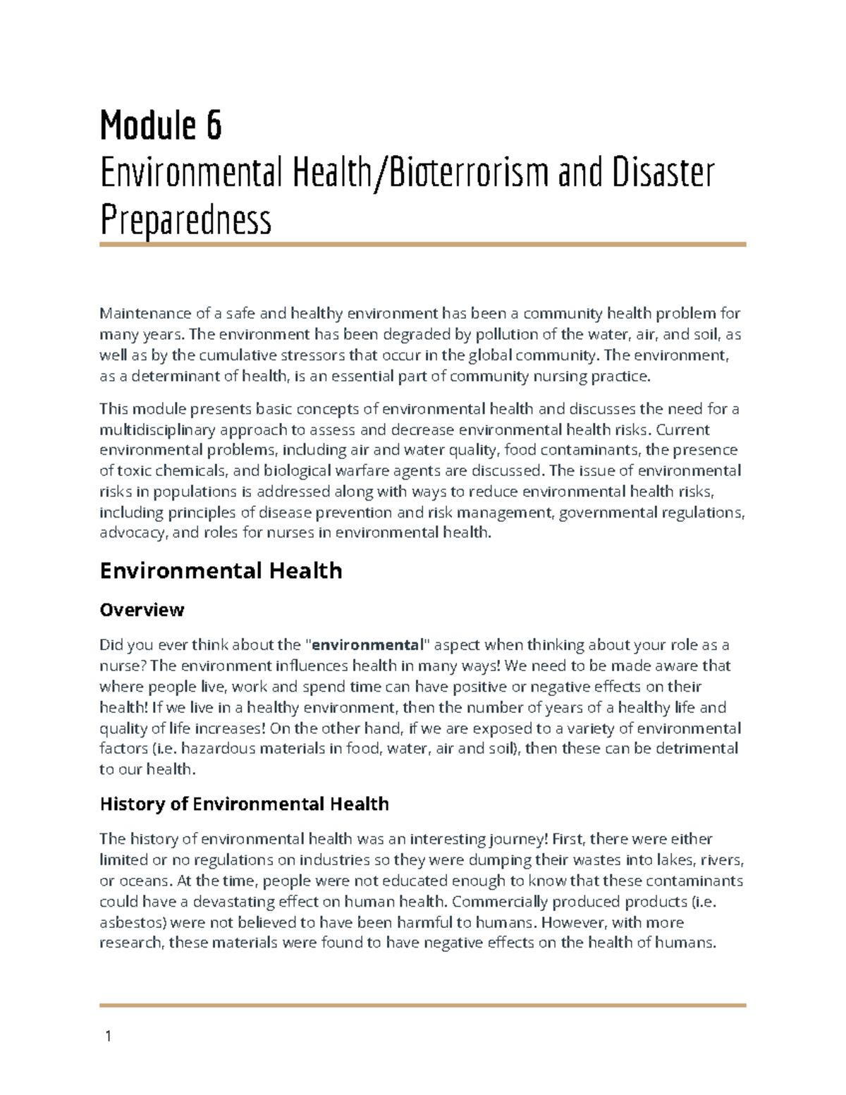 Module 6 SG - Fall 2021 - Module 6 Environmental Health/Bioterrorism ...