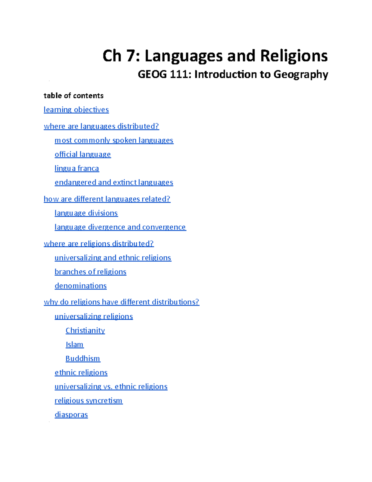 Ch 7- Languages and Religions GEOG 111- Introduction to Geography - Ch ...