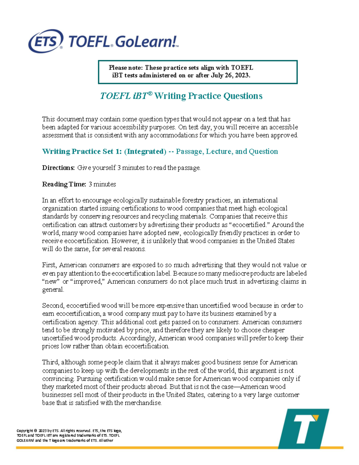 Toefl ibt writing practice sets - Ingles - UNAD - Studocu