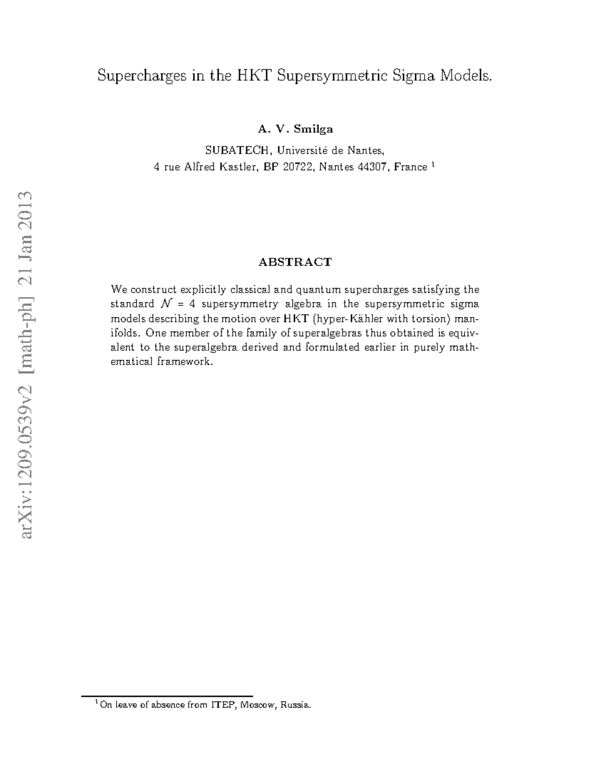 1209 - Cours - arXiv:1209 [math-ph] 21 Jan 2013 Supercharges in the HKT ...