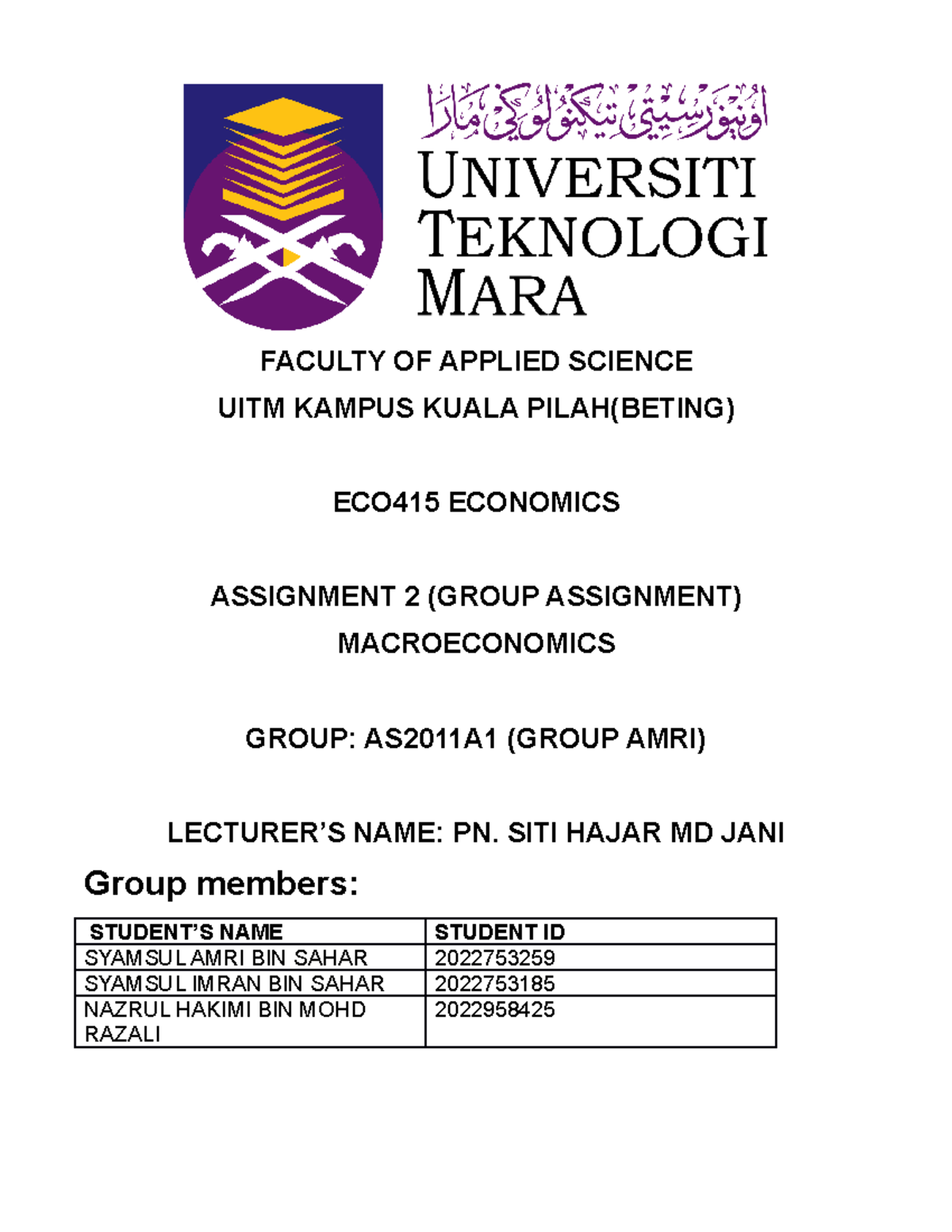 ECO415 assigment - Economy Third world country - FACULTY OF APPLIED SCIENCE UITM KAMPUS KUALA ...