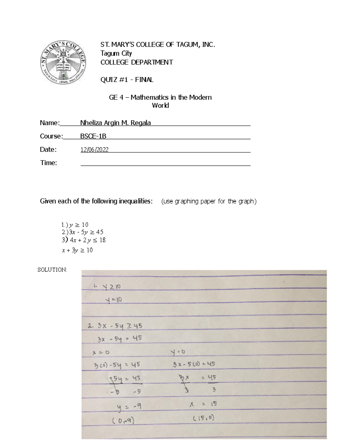 Q1- Final Inequalities- Regala BSCE-1B - Civil Engineering - ST. MARY’S ...