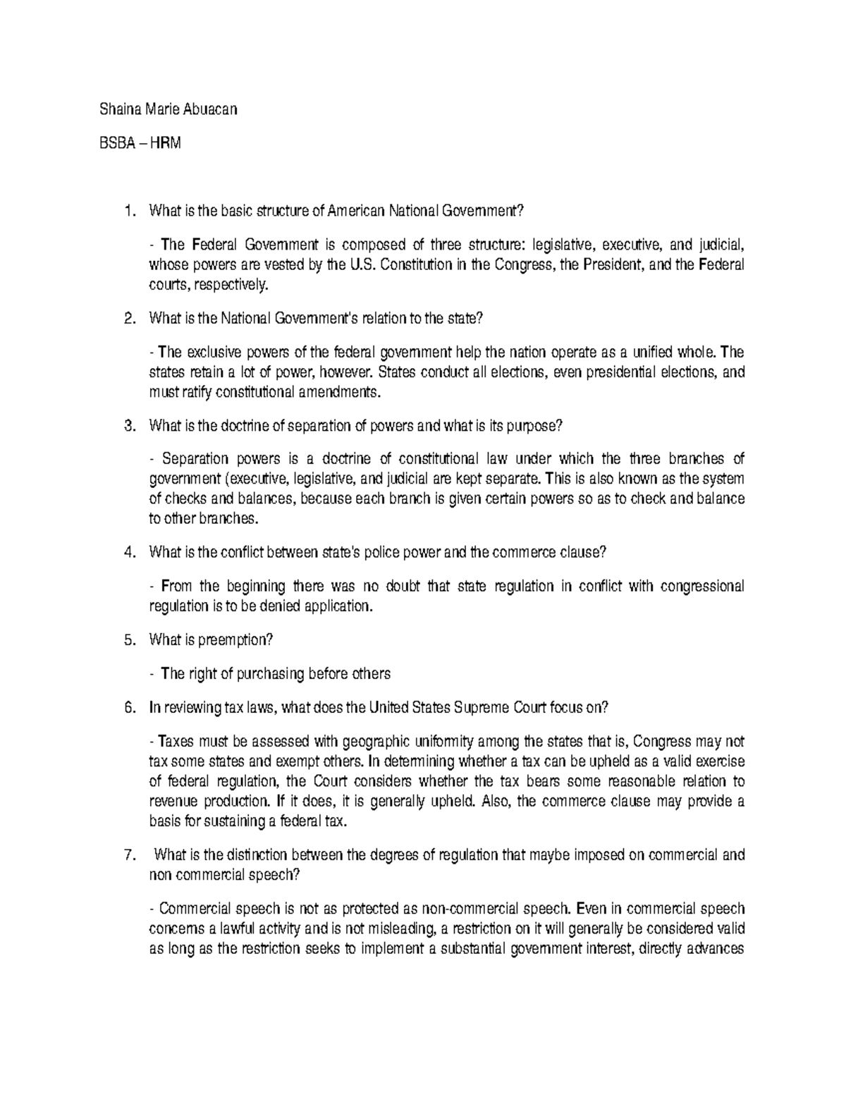 BAA210 - Lecture notes 1-20 - Shaina Marie Abuacan BSBA – HRM 1 is the ...