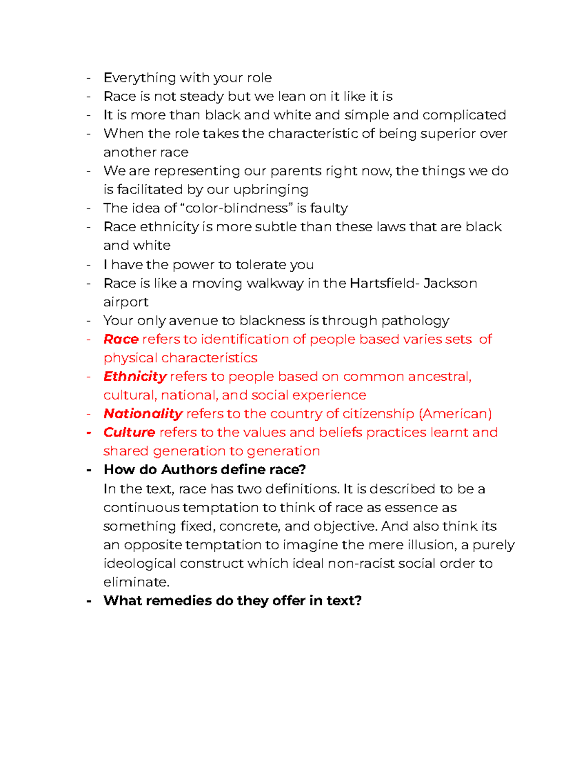 Oct - Professor Terry Lecture Notes - Everything with your role Race is ...