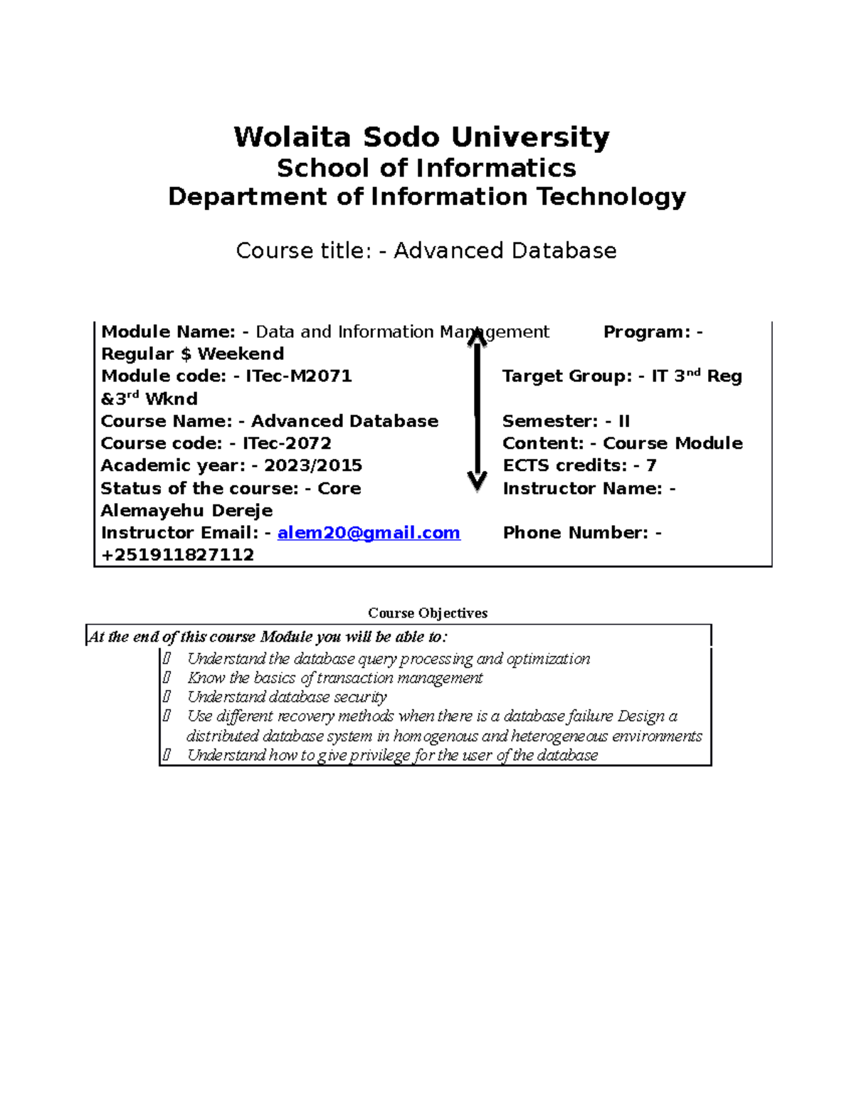 Advanced Database - rregegreree - Wolaita Sodo University School of ...