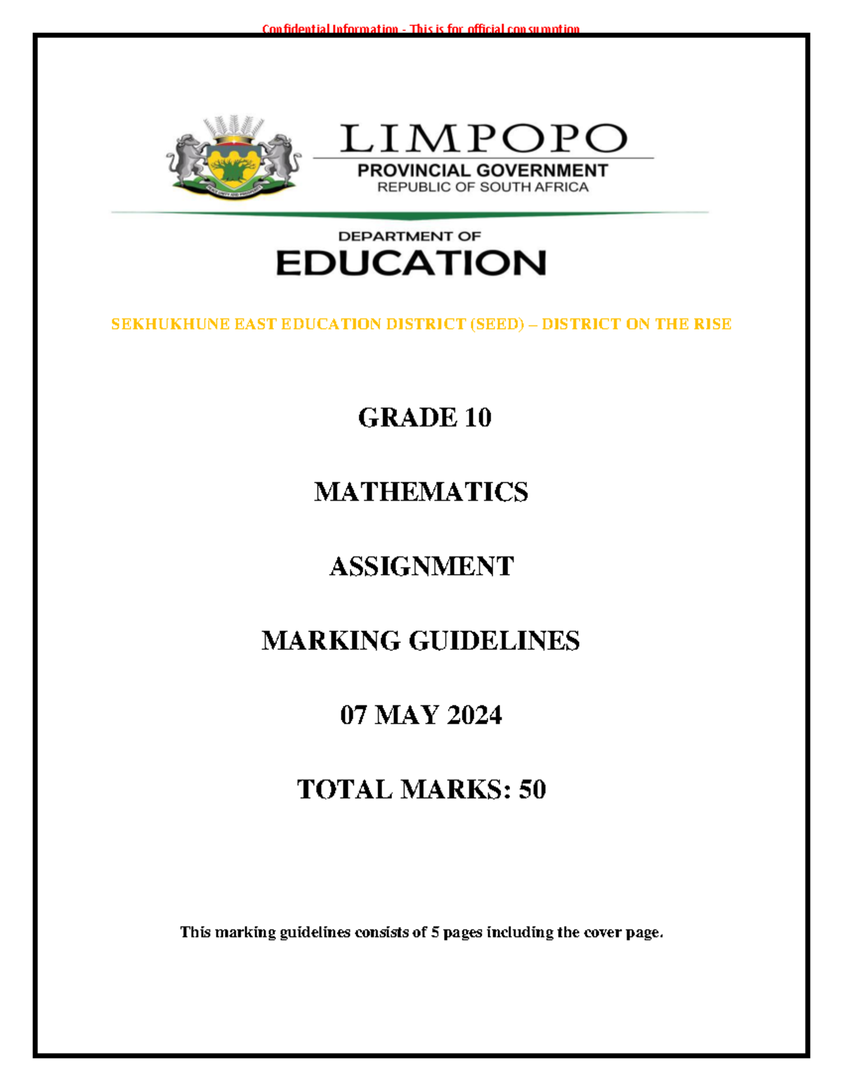 SEED MATH GR 10 Assignment MEMO 07 MAY 2024 - SEKHUKHUNE EAST EDUCATION ...