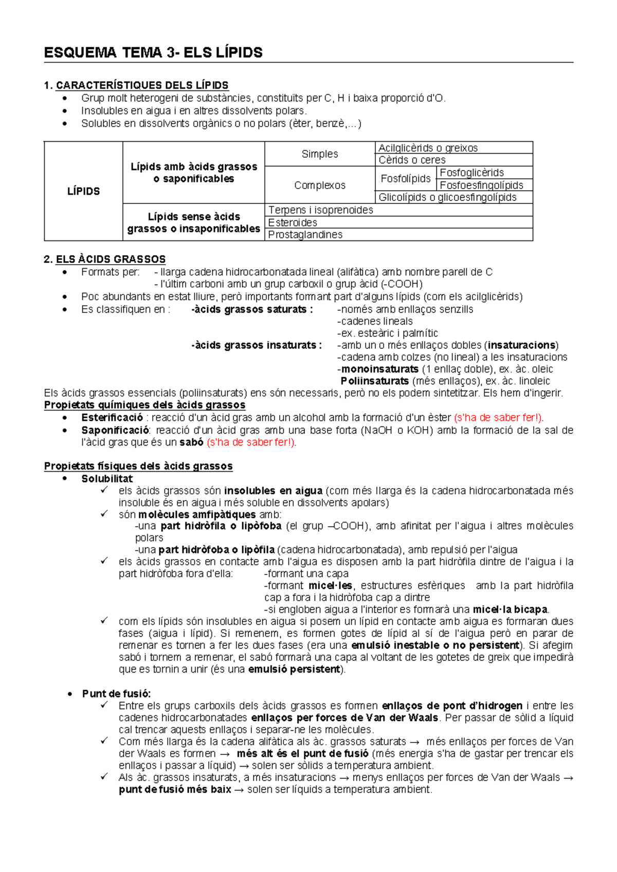 Esquema lípids 2n de batx - ESQUEMA TEMA 3- ELS LÍPIDS 1. CARACTERÍSTIQUES DELS LÍPIDS Grup molt ...