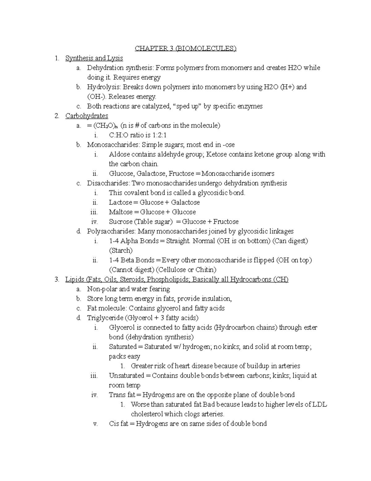 Chapter 3 (Biomolecules) - CHAPTER 3 (BIOMOLECULES) Synthesis and Lysis ...
