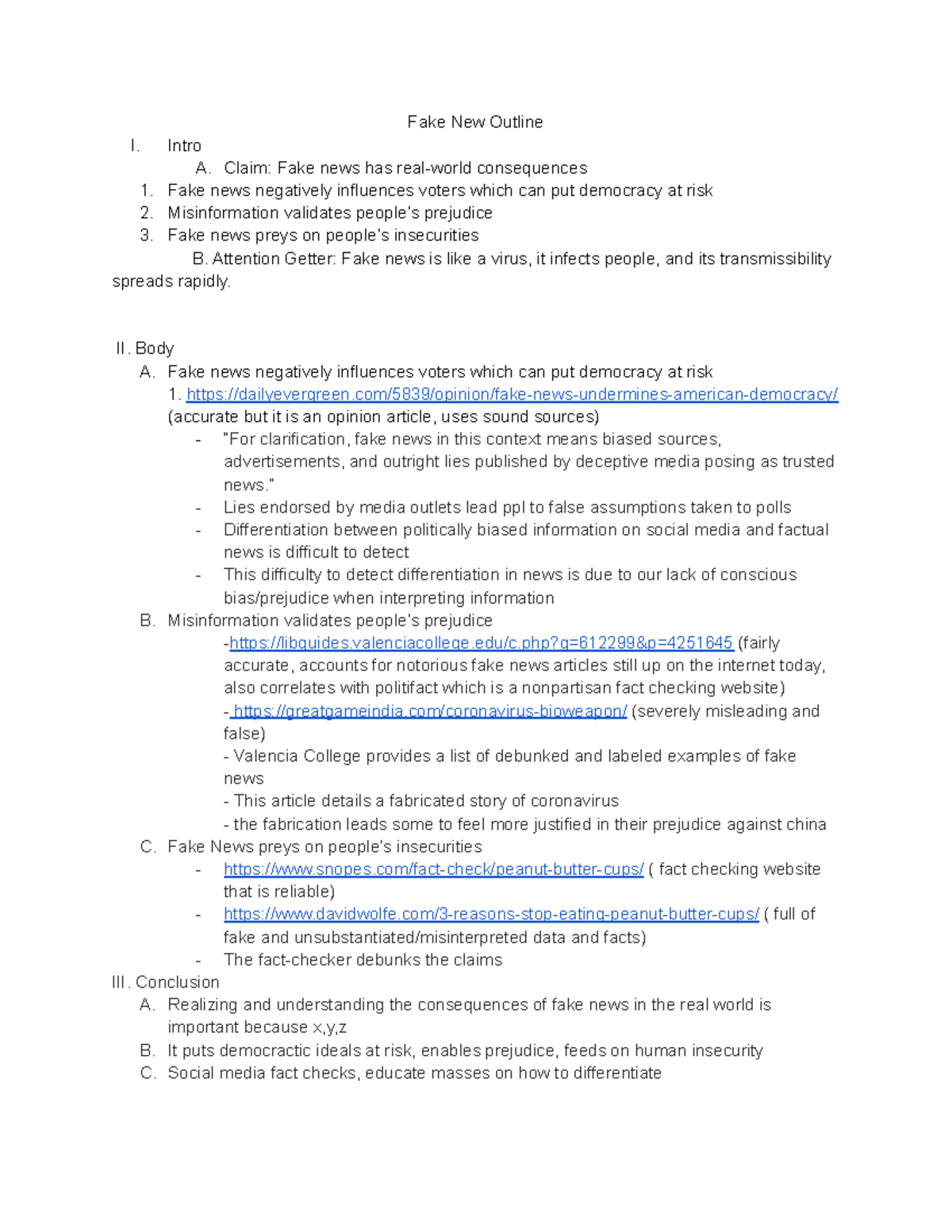 Sources for wrc - prof pina - Fake New Outline I. Intro A. Claim: Fake ...