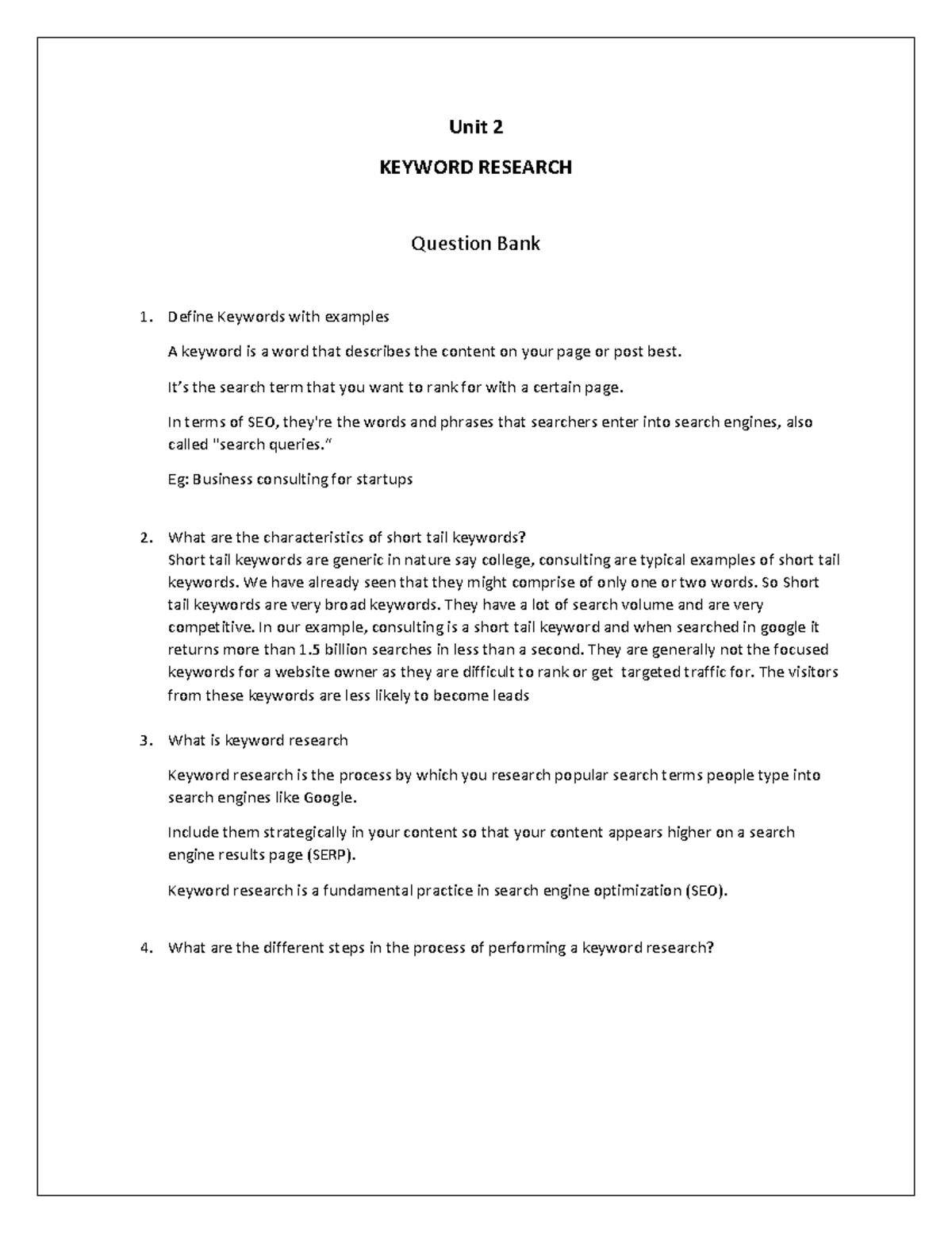 DM Unit 2 Question Answer - Unit 2 KEYWORD RESEARCH Question Bank ...