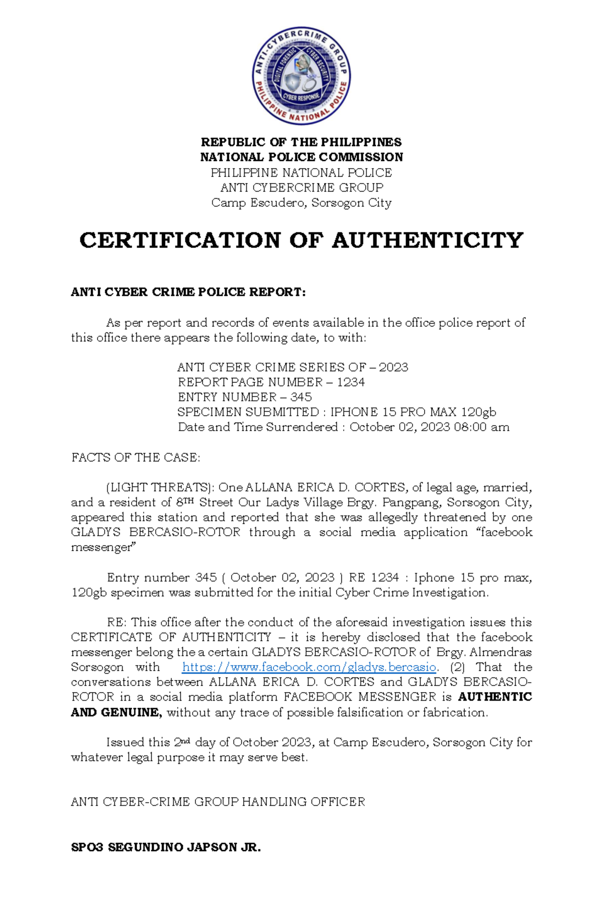 CERTIFICATION OF AUTHENTICITY - REPUBLIC OF THE PHILIPPINES NATIONAL ...