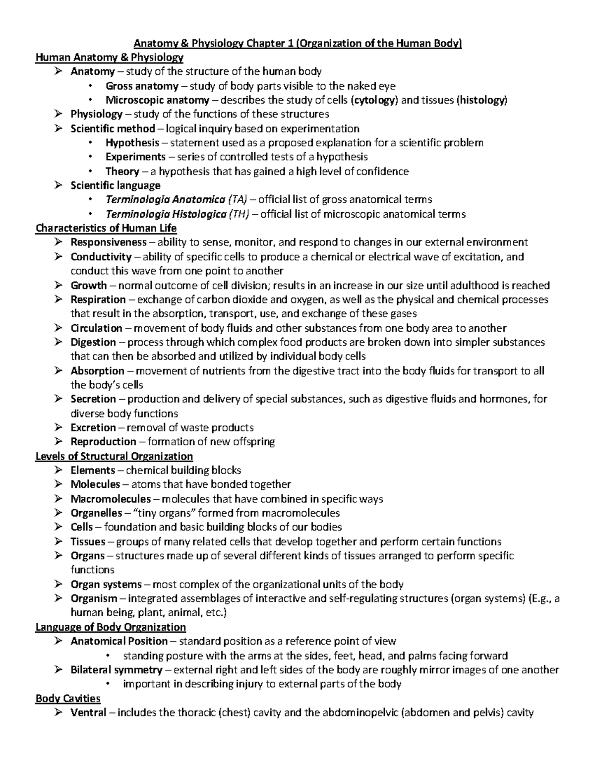 Anatomy Chapter 1- Organization of Life Lecture Notes - Anatomy ...
