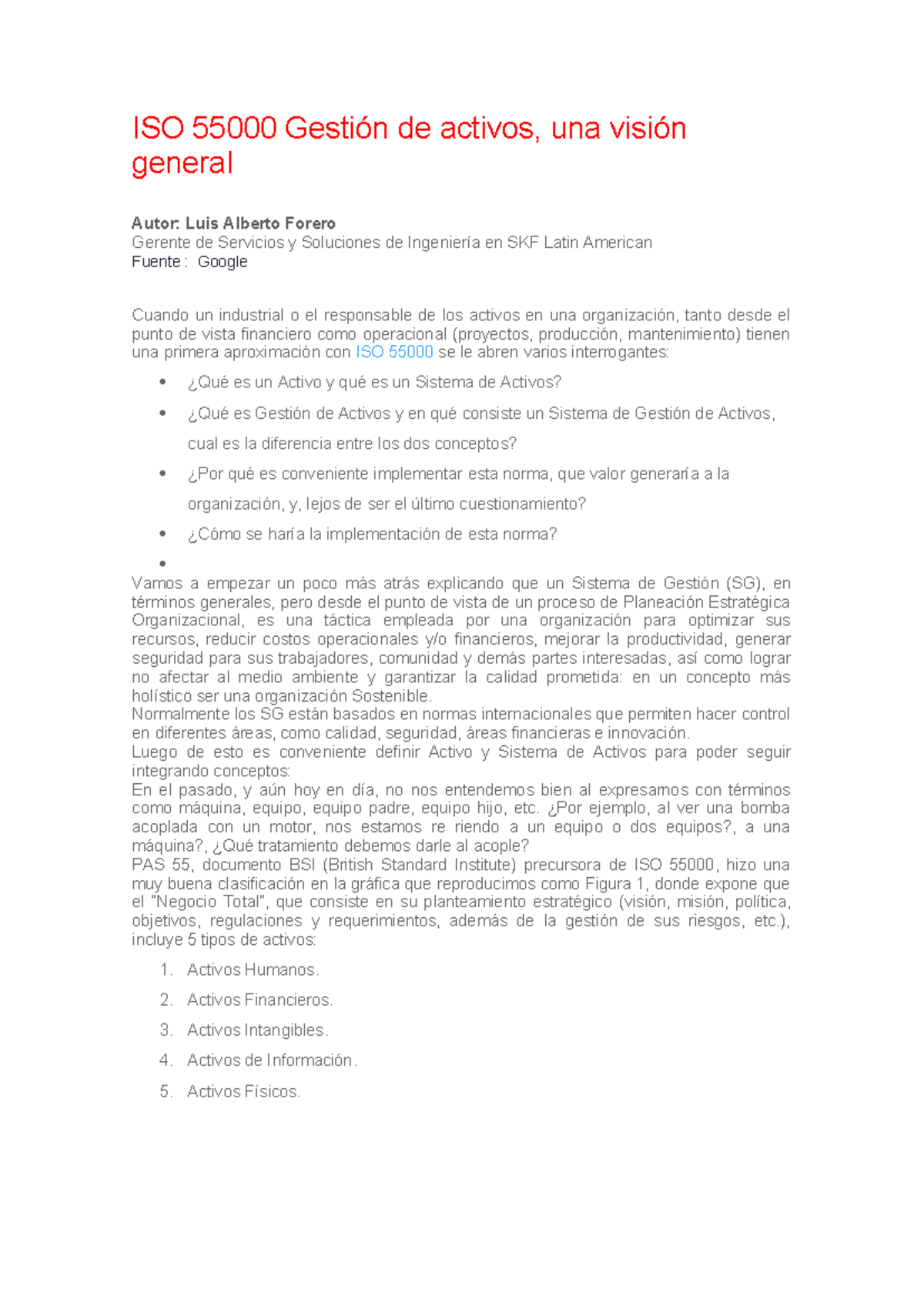 Documento apoyo ISO 55000 Gestión de activos - ISO 55000 Gestión de ...