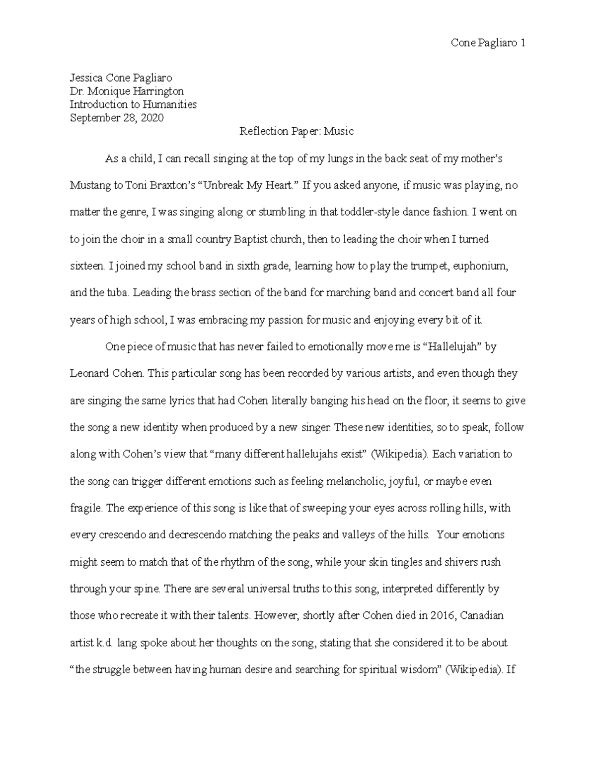 Reflection Paper: Music - Jessica Cone Pagliaro Dr. Monique Harrington ...