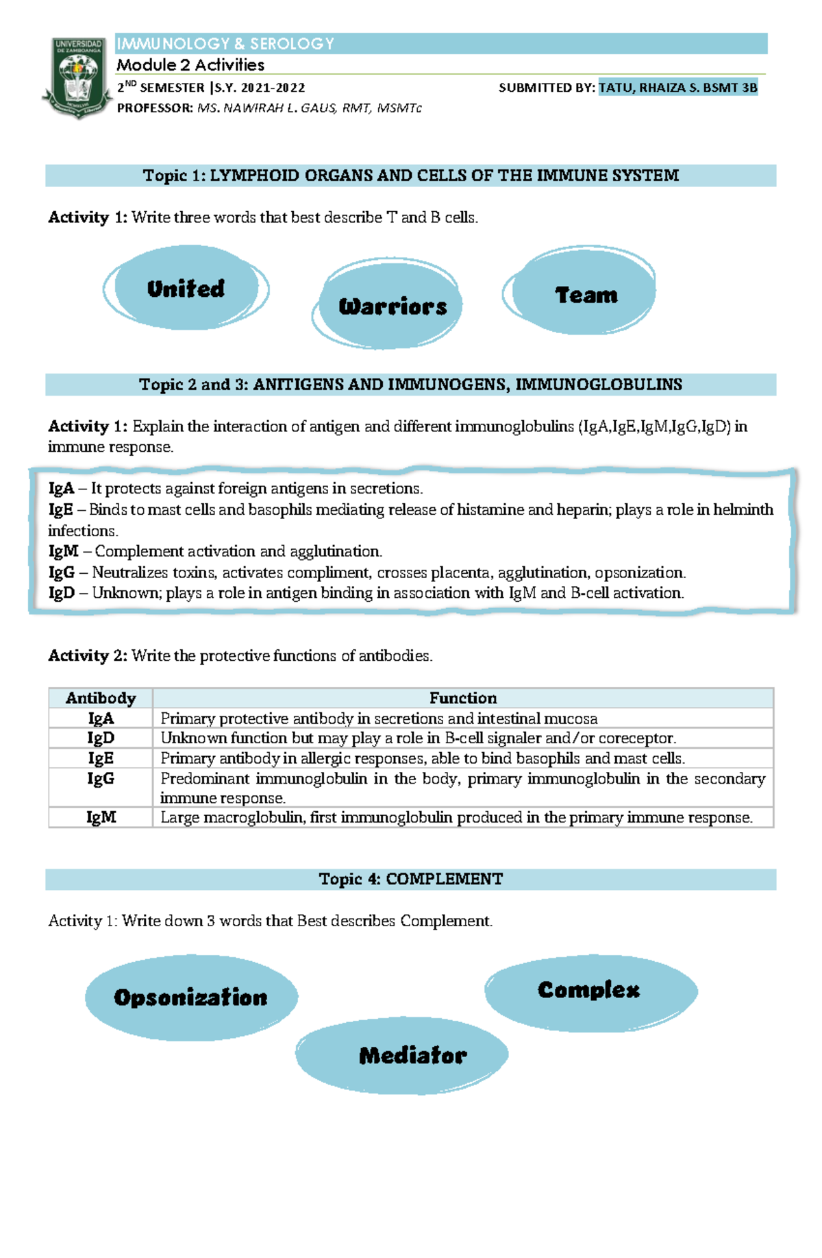 Module 2 answers in Immunology and serology - Topic 1: LYMPHOID ORGANS ...