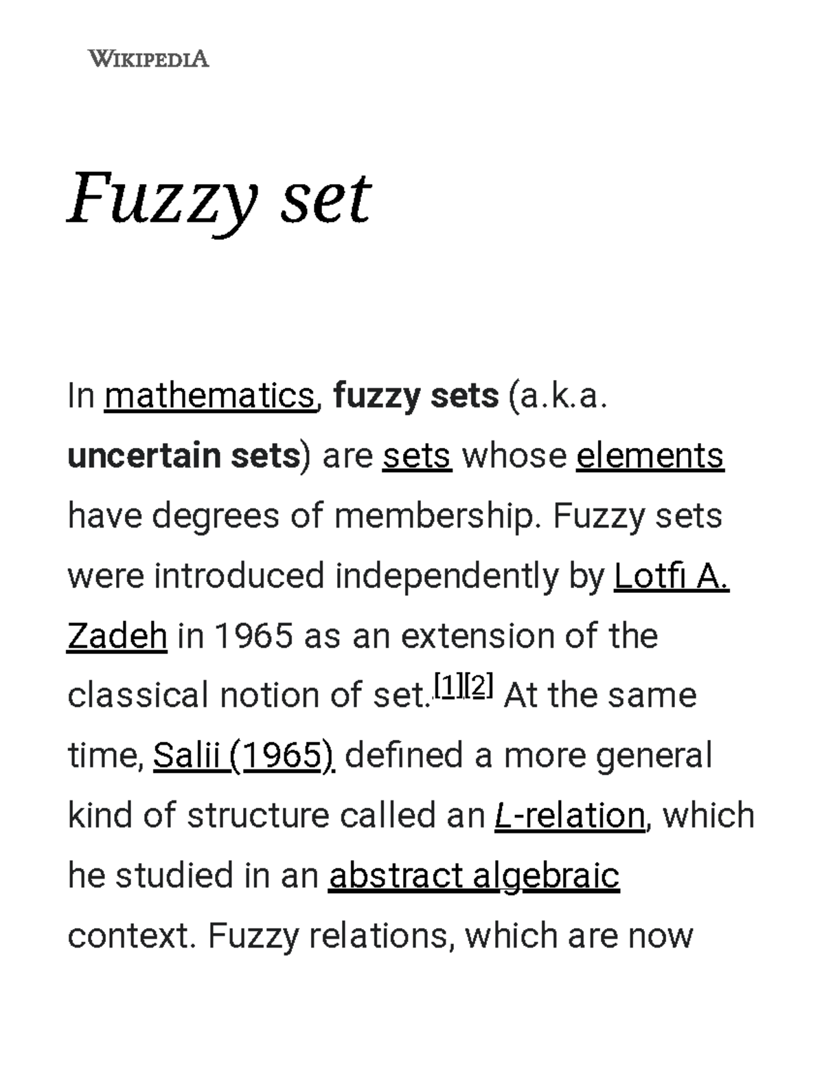 Fuzzy set - Fuzzy set In mathematics, fuzzy sets (a.k. uncertain sets ...