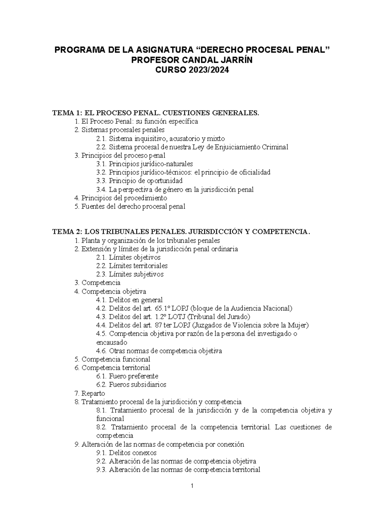 Programa de la asignatura Derecho Procesal Penal - PROGRAMA DE LA ASIGNATURA “DERECHO PROCESAL ...