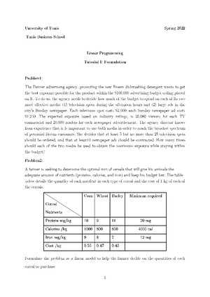 Tutorial 4 Simplex Method - Tunis Business School Spring 2019 Linear programming Tutorial 5 ...
