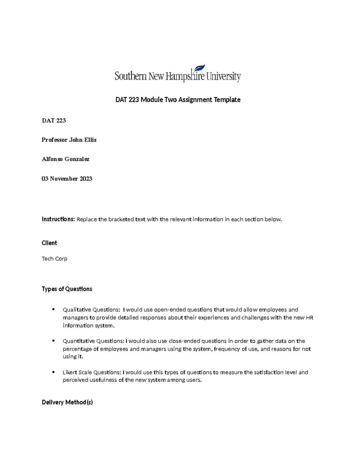 Module two assignment - Client Tech Corp Types of Questions Qualitative ...