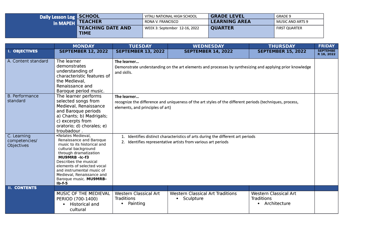 WEEK 4 Mapeh 9 - Daily Lesson Log in MAPEH SCHOOL VITALI NATIONAL HIGH ...