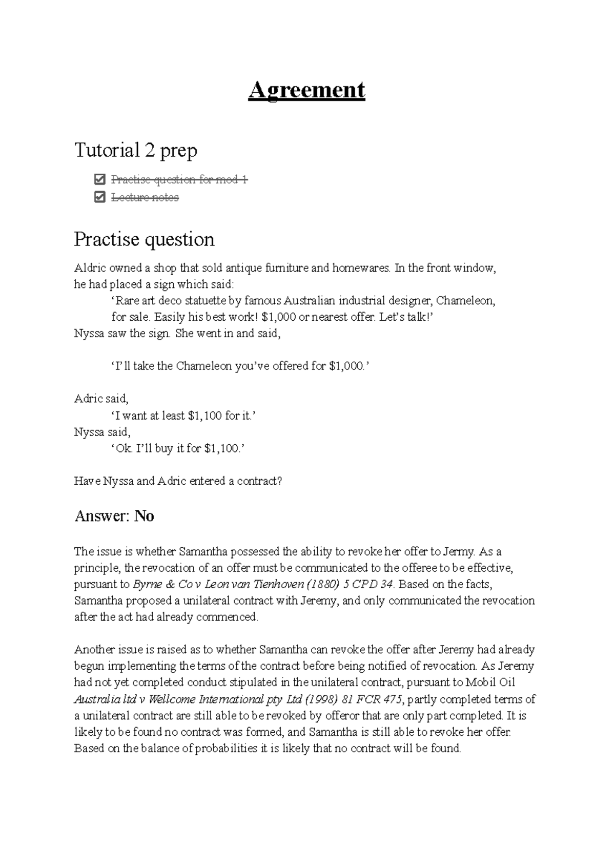 Week 1 T2 Agreement - Agreement Tutorial 2 prep Practise question for ...