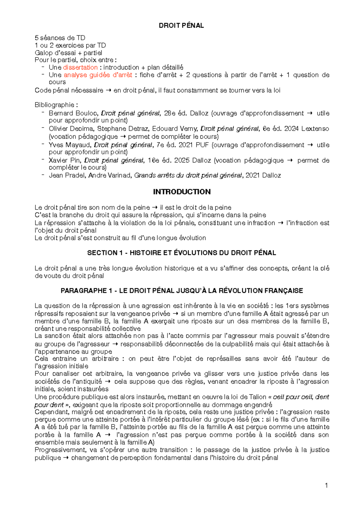 Cours magistral de droit pénal - 5 séances de TD 1 ou 2 exercices par ...