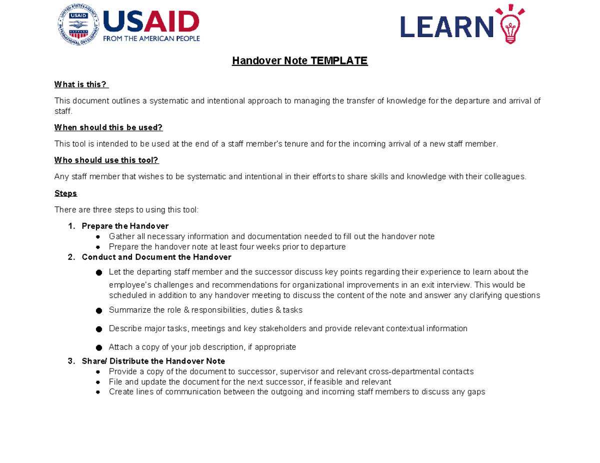 Handover note template - What is this? This document outlines a ...