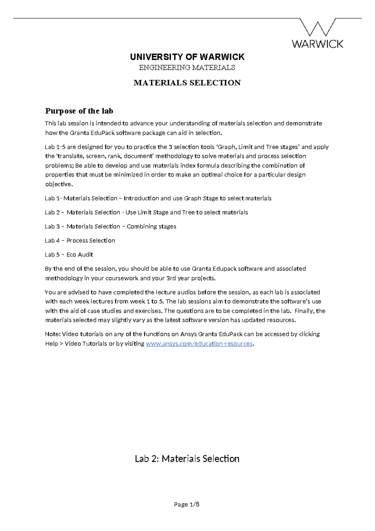 ES195 Material Selection- Lab2-2022 - UNIVERSITY OF WARWICK ENGINEERING MATERIALS MATERIALS ...