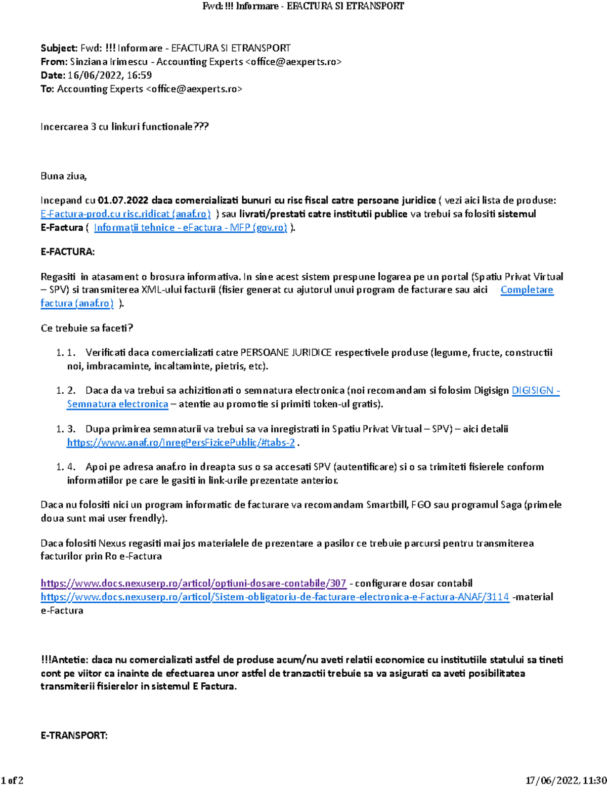 Informare - Efactura SI Etransport - Subject: Fwd: !!! Informare ...