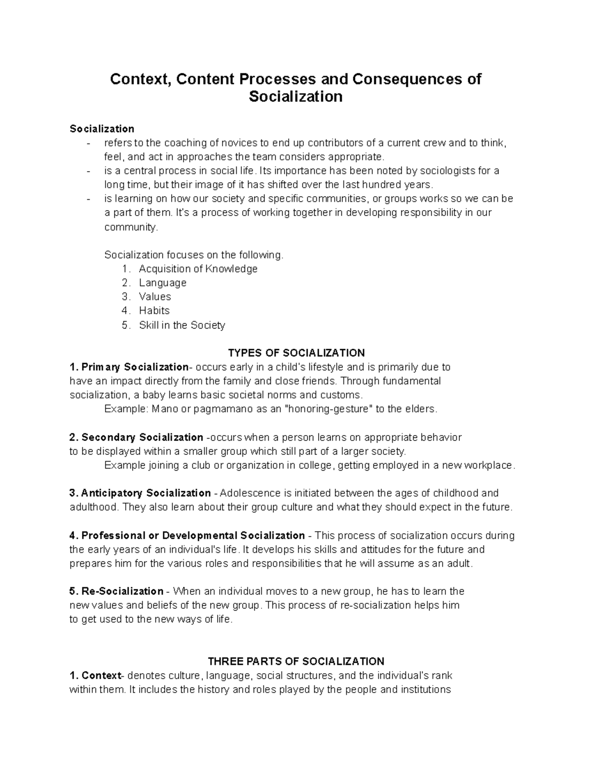 Context, Content Processes and Consequences of Socialization - Context ...