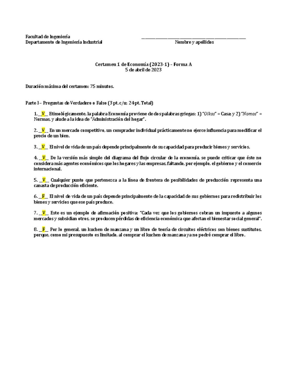 Pauta CERT1 ECON 2023-1 - Forma A - copia - Facultad de Ingeniería ...