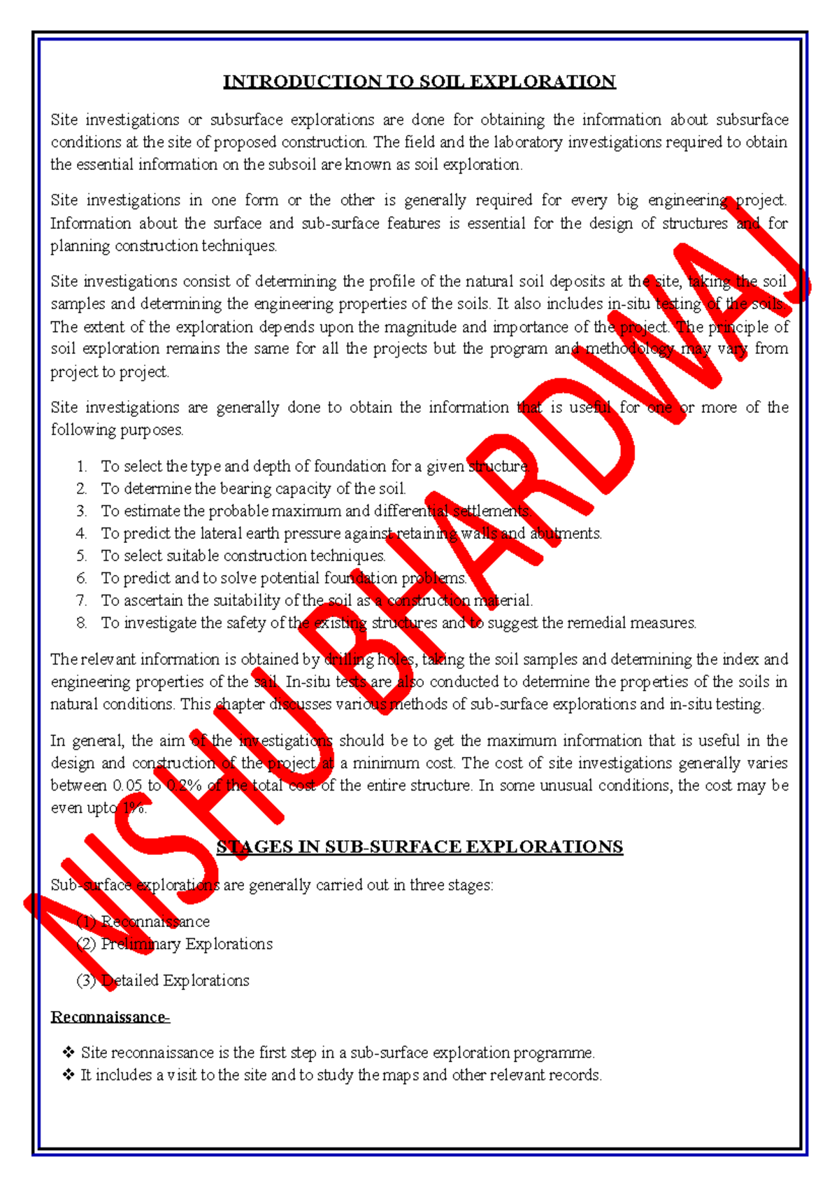 Unit-1 - INTRODUCTION TO SOIL EXPLORATION Site investigations or ...